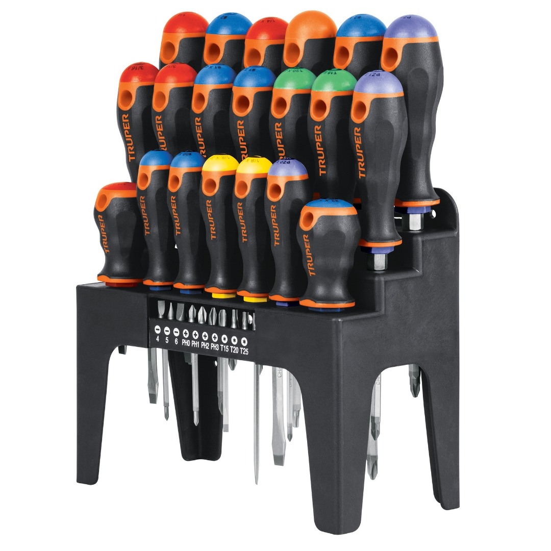 Juego 20 Destornilladores Mango Bimaterial + 10 Puntas Truper Set-30X ...